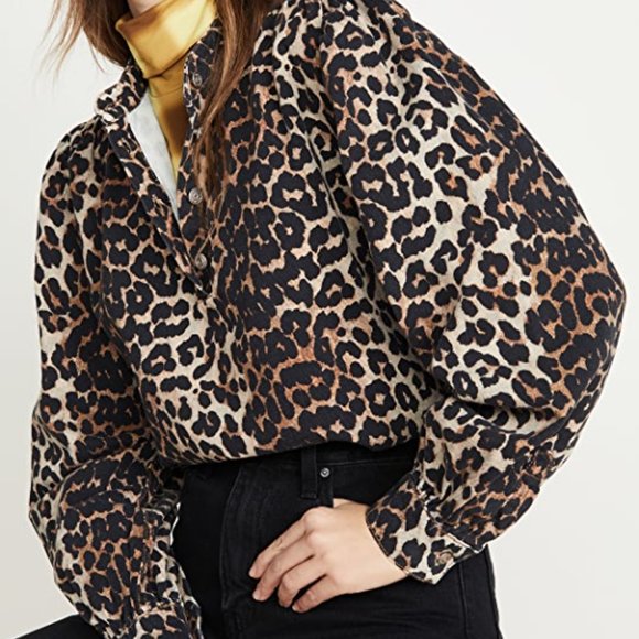 Ganni | Tops | Ganni Leopard Print Denim Blouse | Poshmark